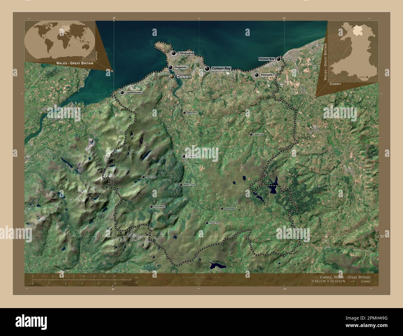 Conwy, region of Wales - Great Britain. Low resolution satellite map ...