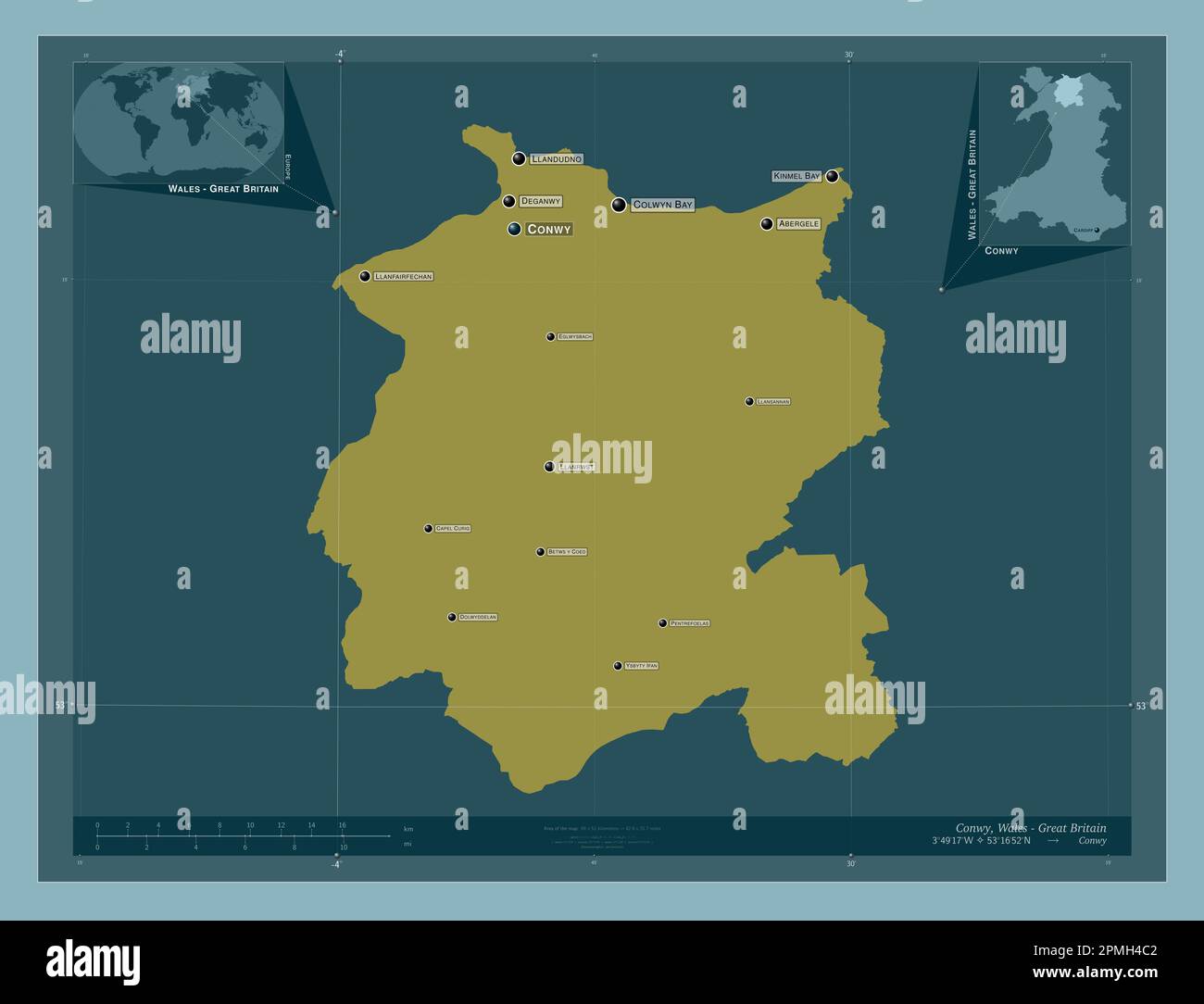 Conwy, region of Wales - Great Britain. Solid color shape. Locations ...