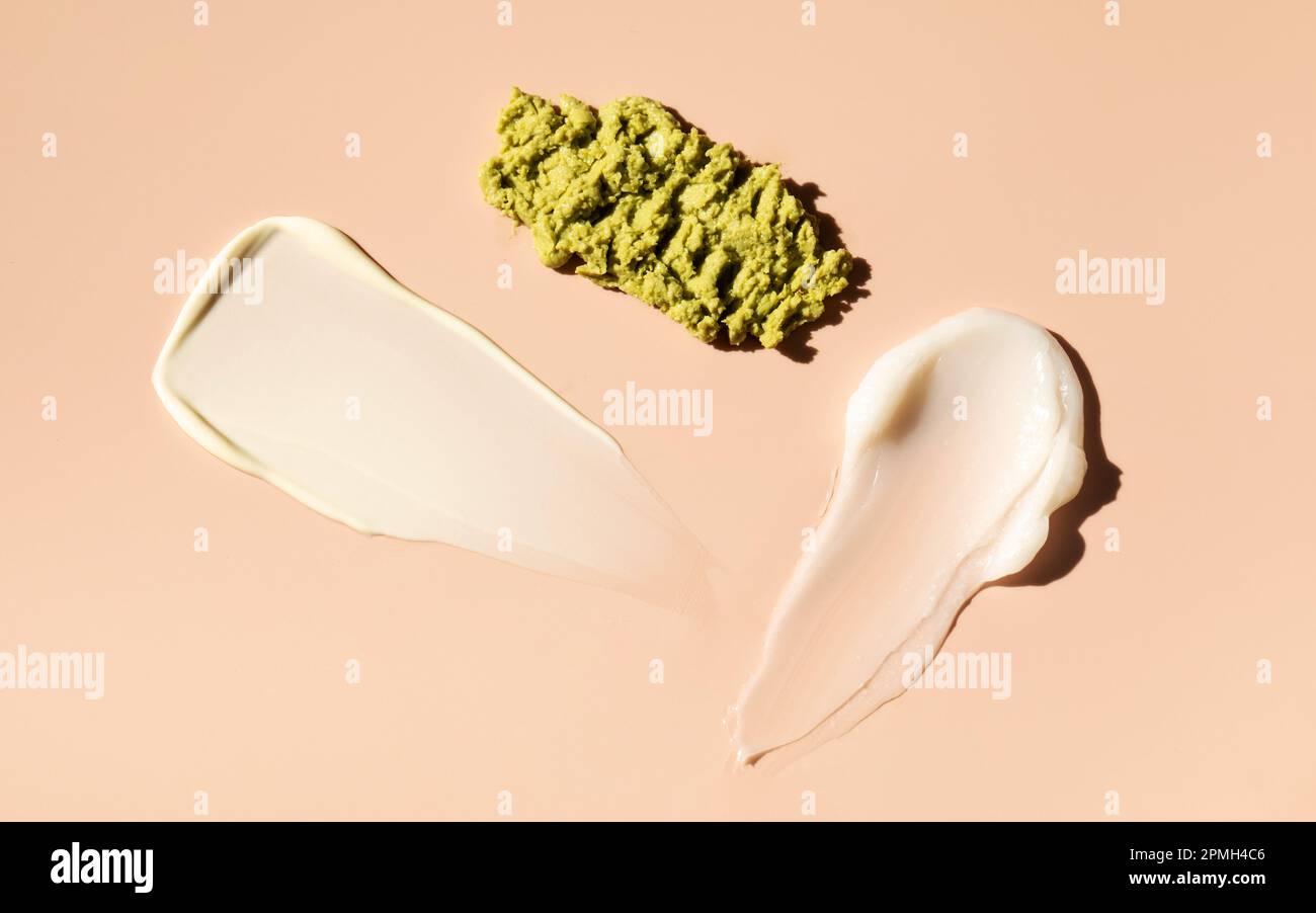 Samples and textures of various cosmetics for skin and hair care ...
