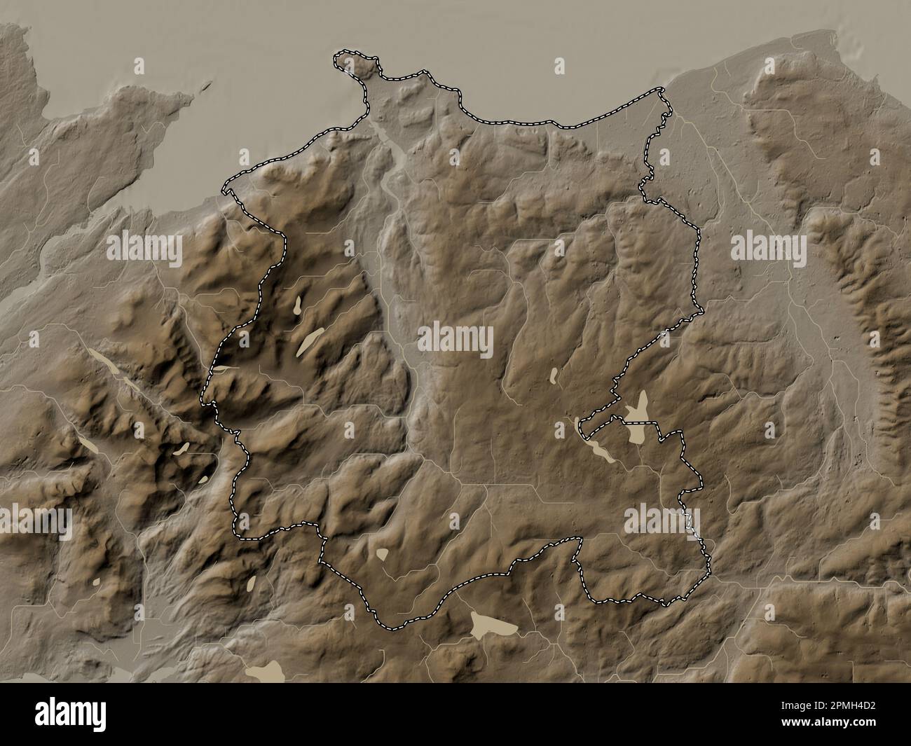 Conwy, region of Wales - Great Britain. Elevation map colored in sepia ...