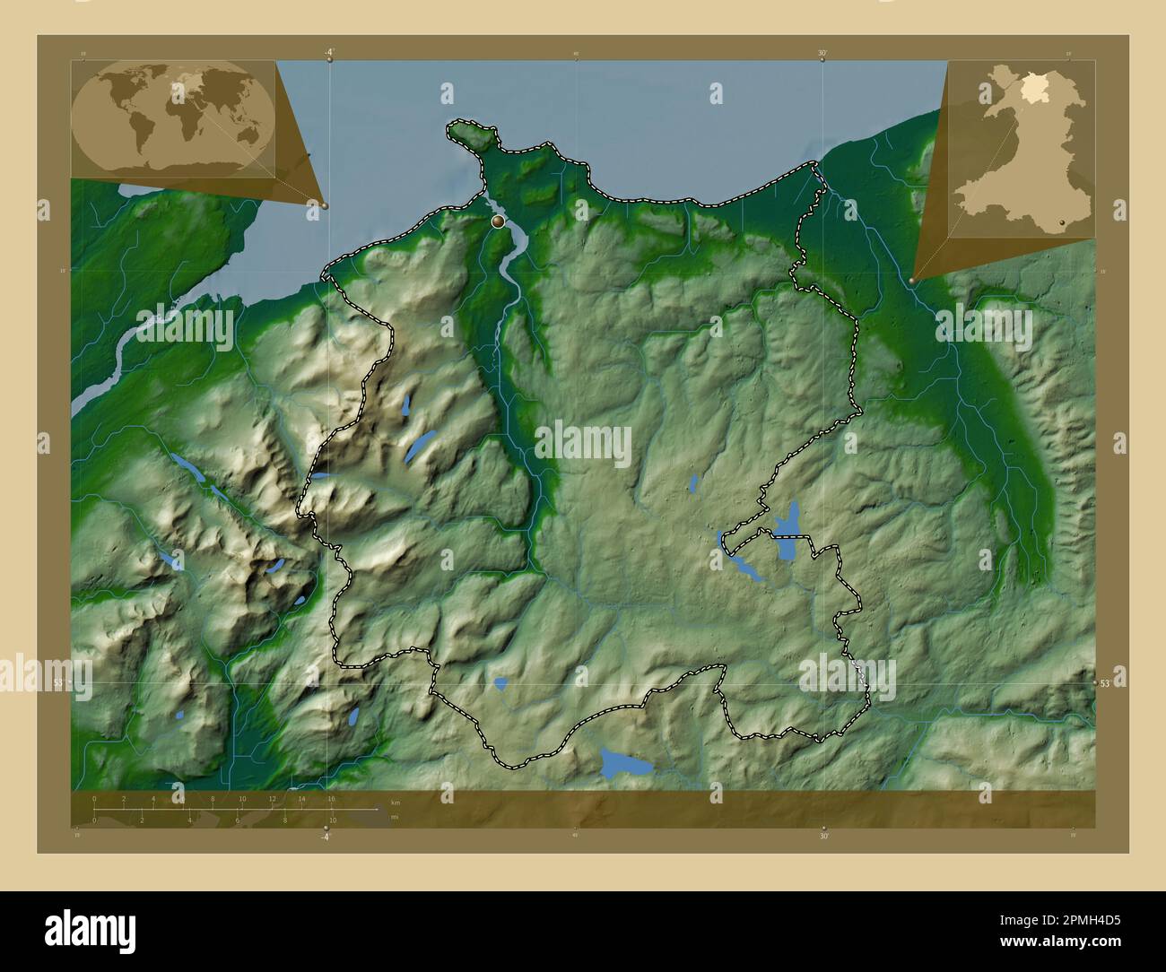 Conwy, region of Wales - Great Britain. Colored elevation map with ...