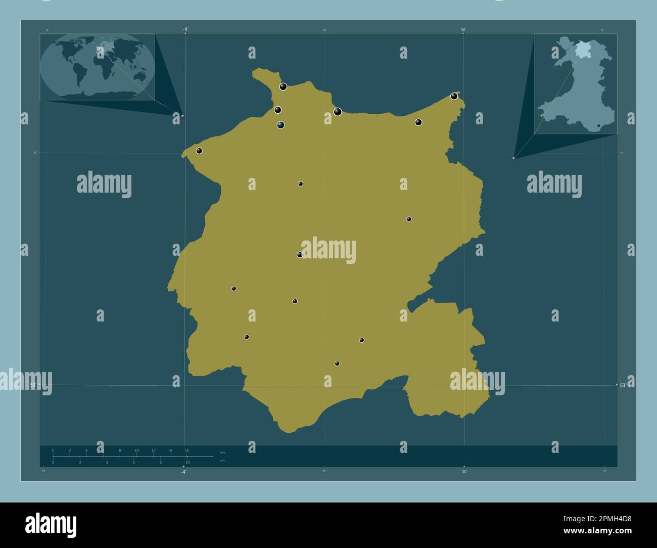 Conwy, region of Wales - Great Britain. Solid color shape. Locations of ...
