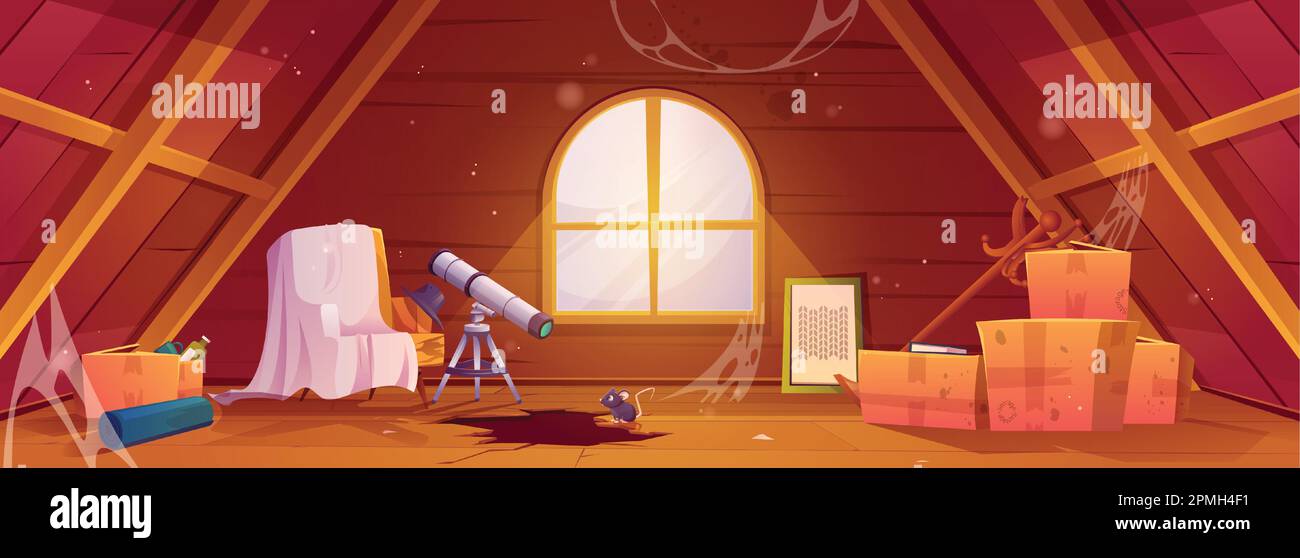 Abandoned old house attic wood interior with dust vector background ...