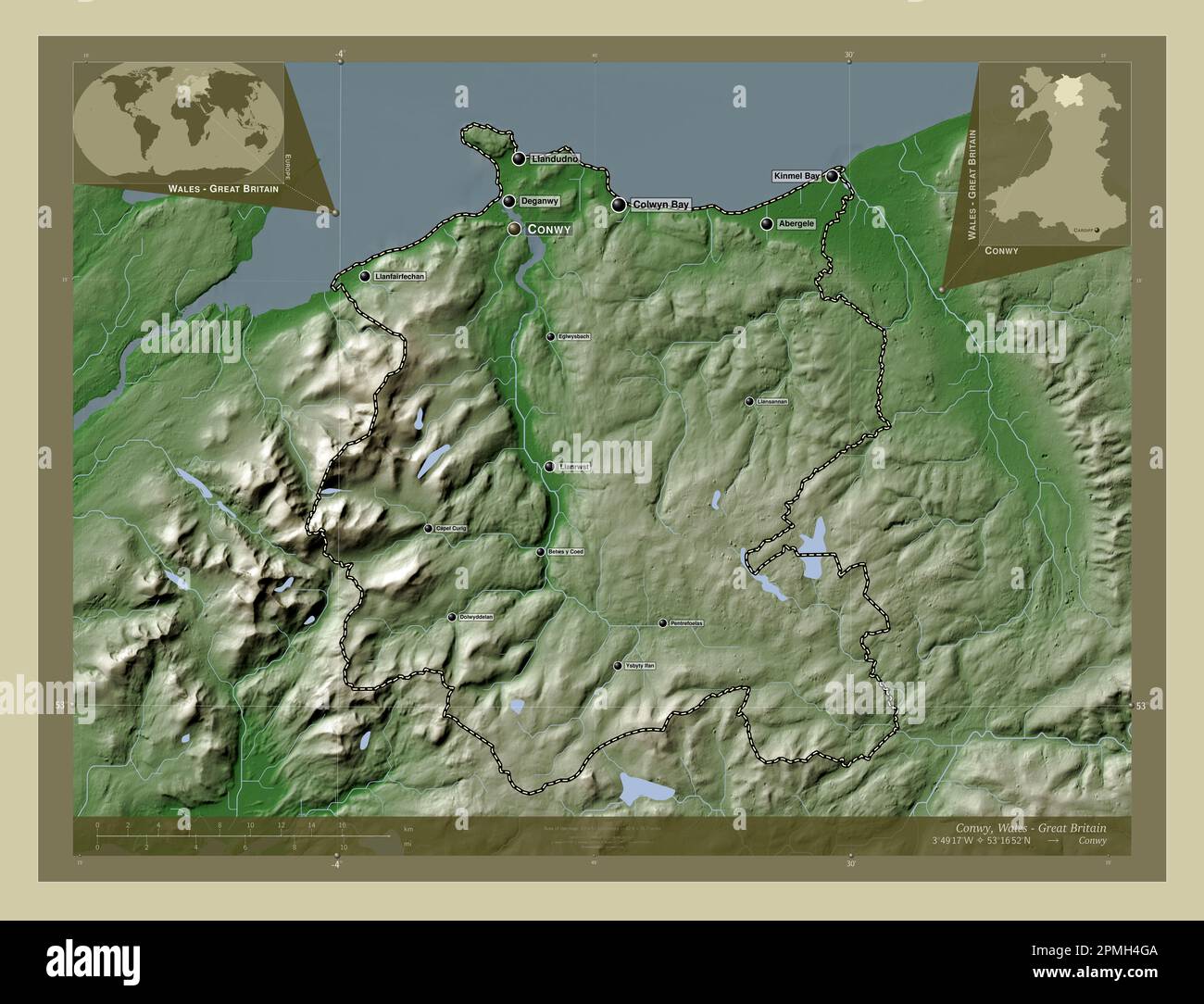 Conwy, region of Wales - Great Britain. Elevation map colored in wiki ...