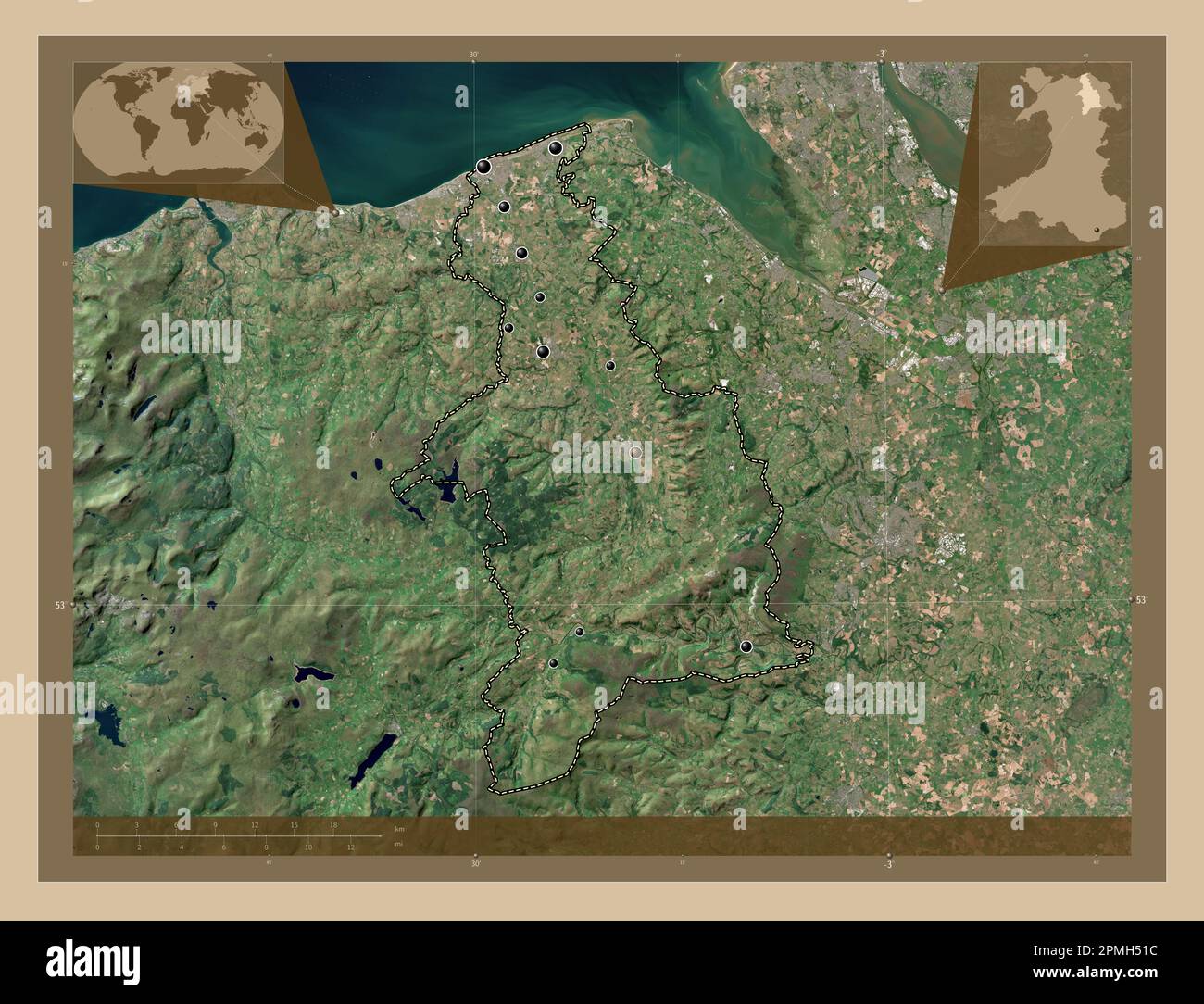 Denbighshire, region of Wales - Great Britain. Low resolution satellite ...