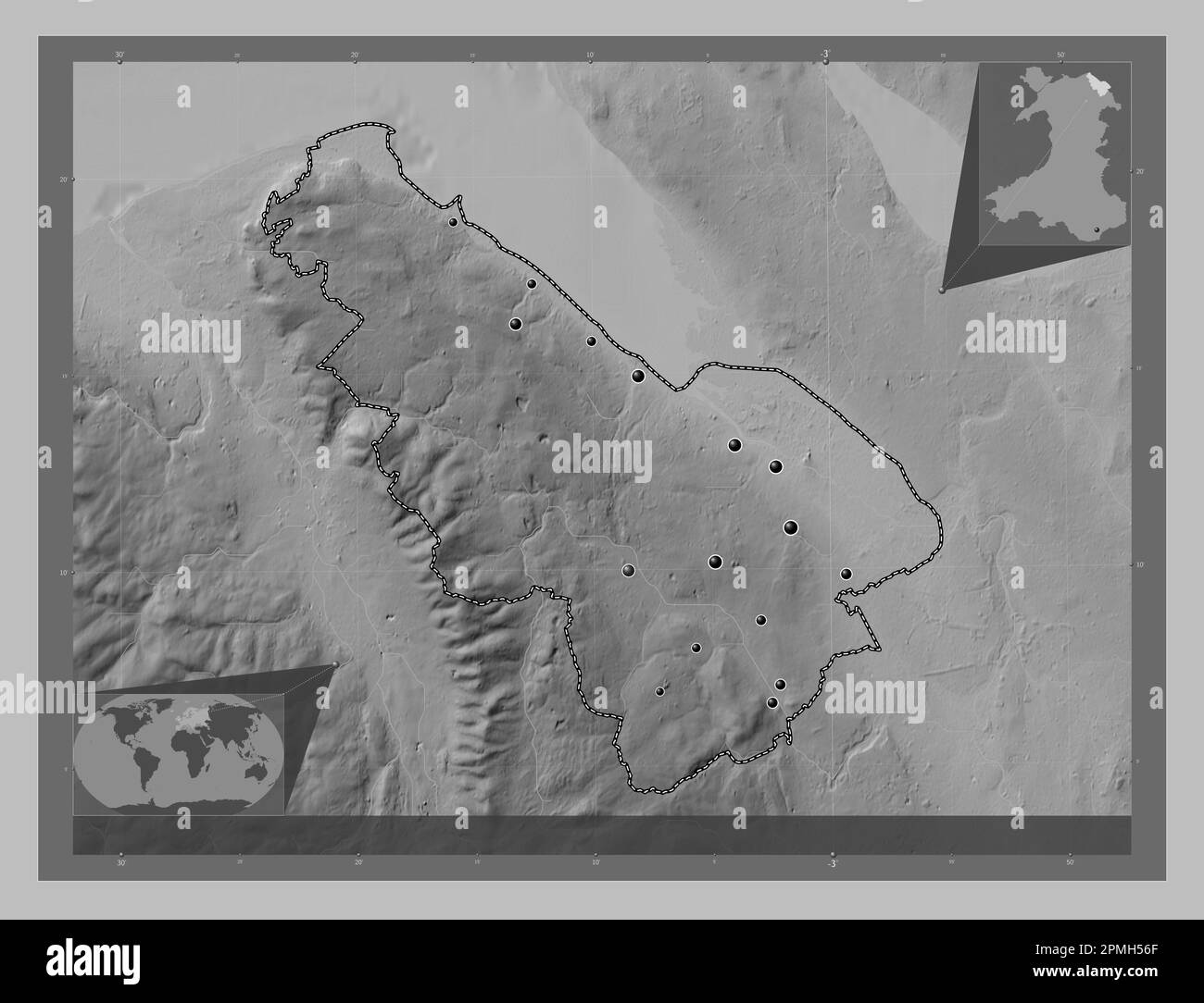 Flintshire, region of Wales - Great Britain. Grayscale elevation map ...
