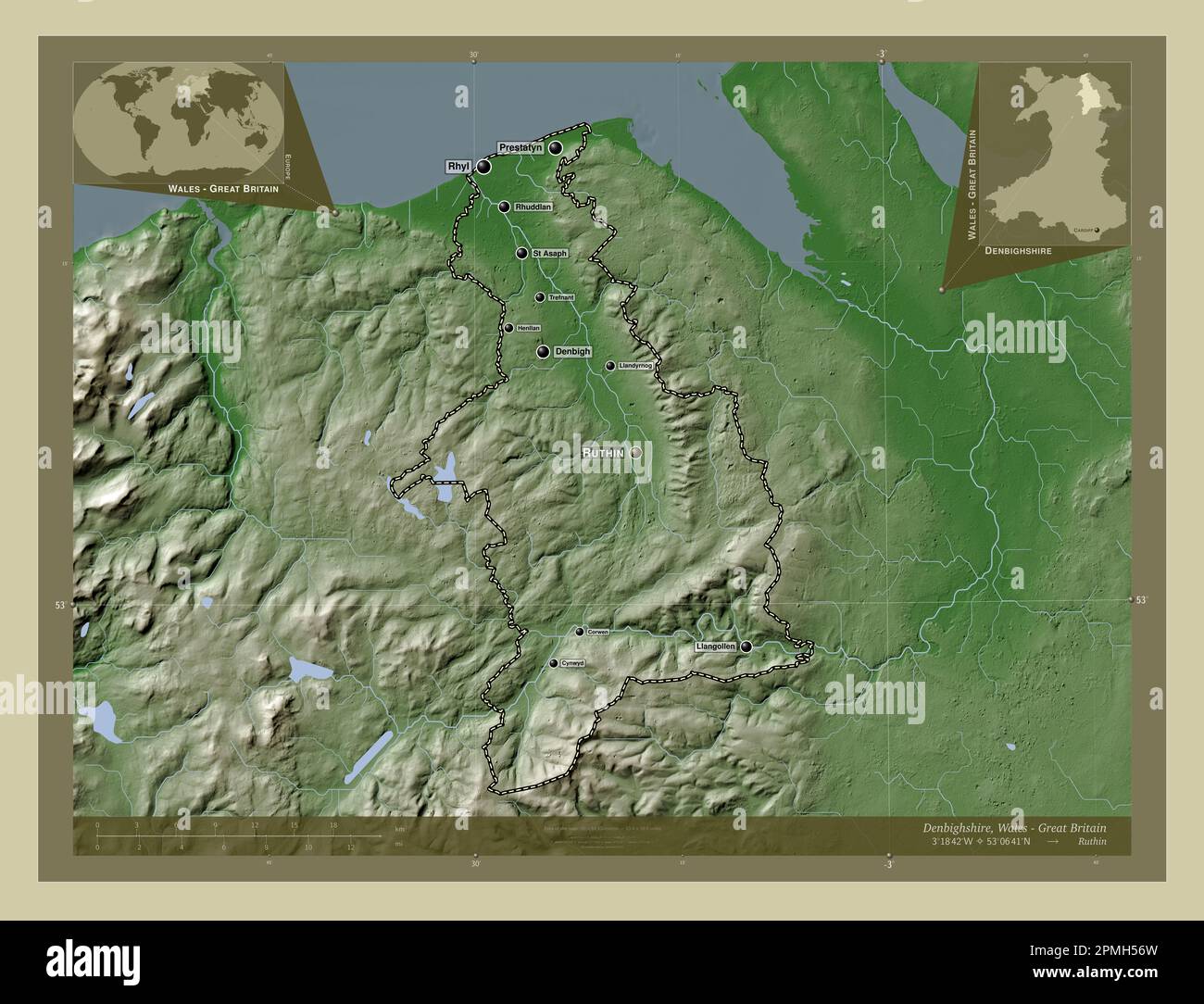 Denbighshire, region of Wales - Great Britain. Elevation map colored in ...