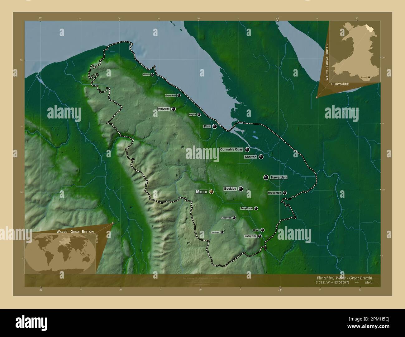 Flintshire, region of Wales - Great Britain. Colored elevation map with ...