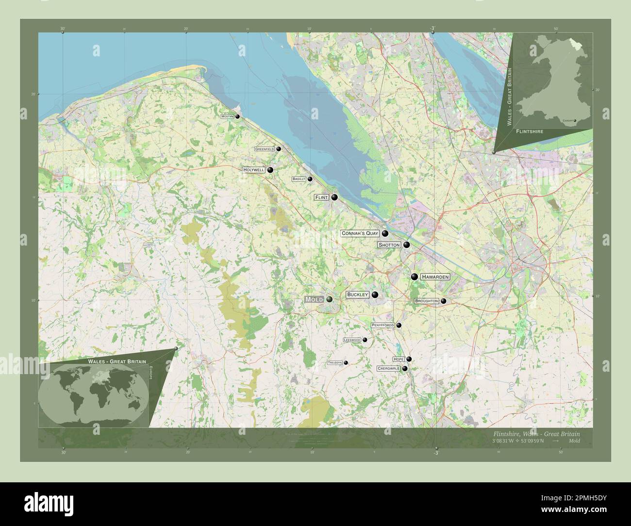 Flintshire, region of Wales - Great Britain. Open Street Map. Locations ...