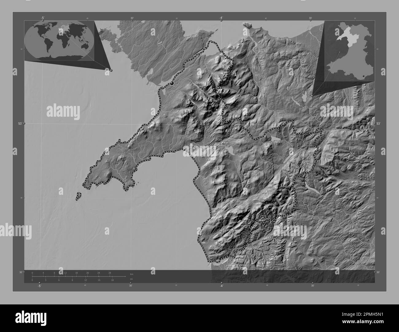 Gwynedd, region of Wales - Great Britain. Bilevel elevation map with ...