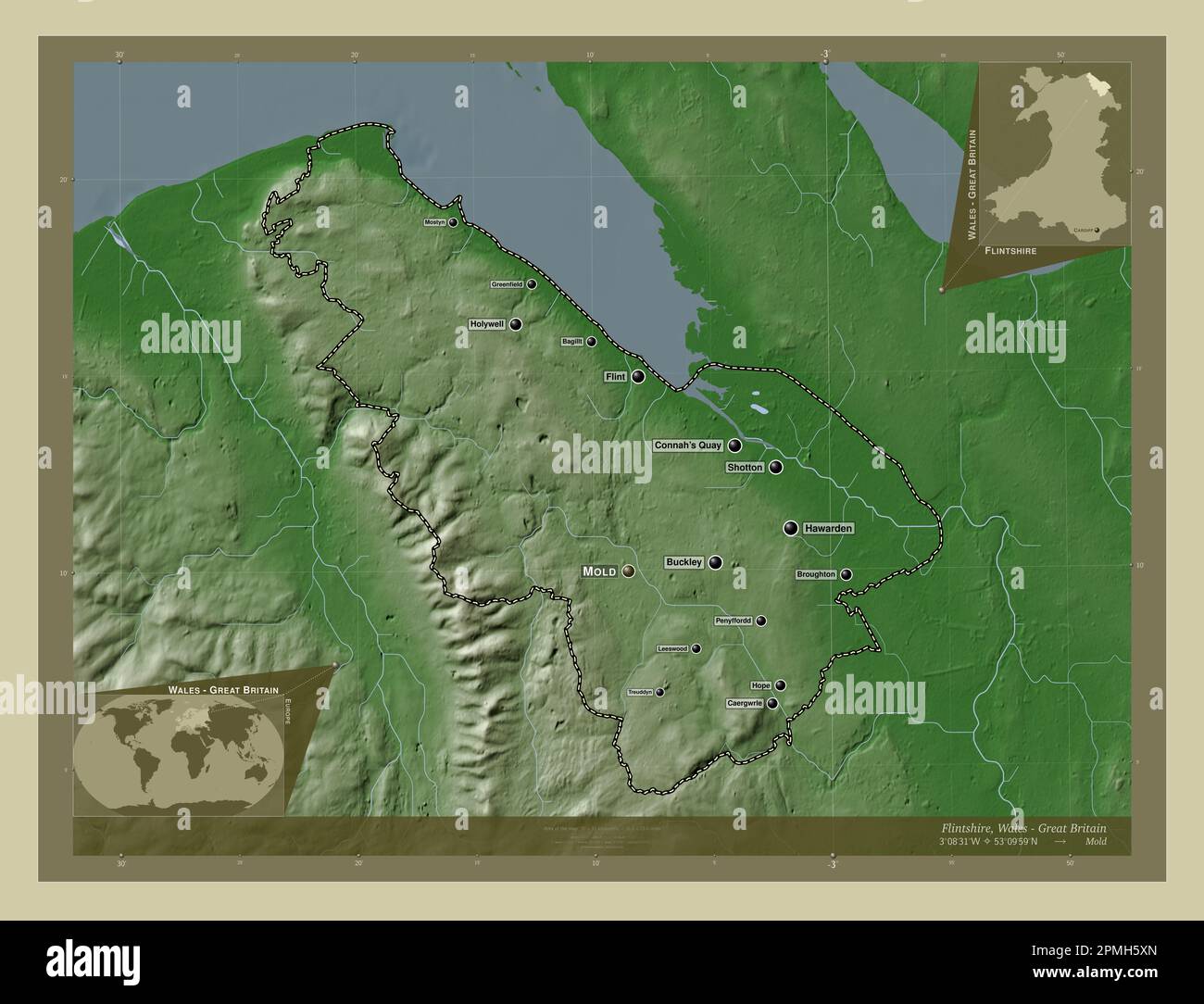 Flintshire, region of Wales - Great Britain. Elevation map colored in ...