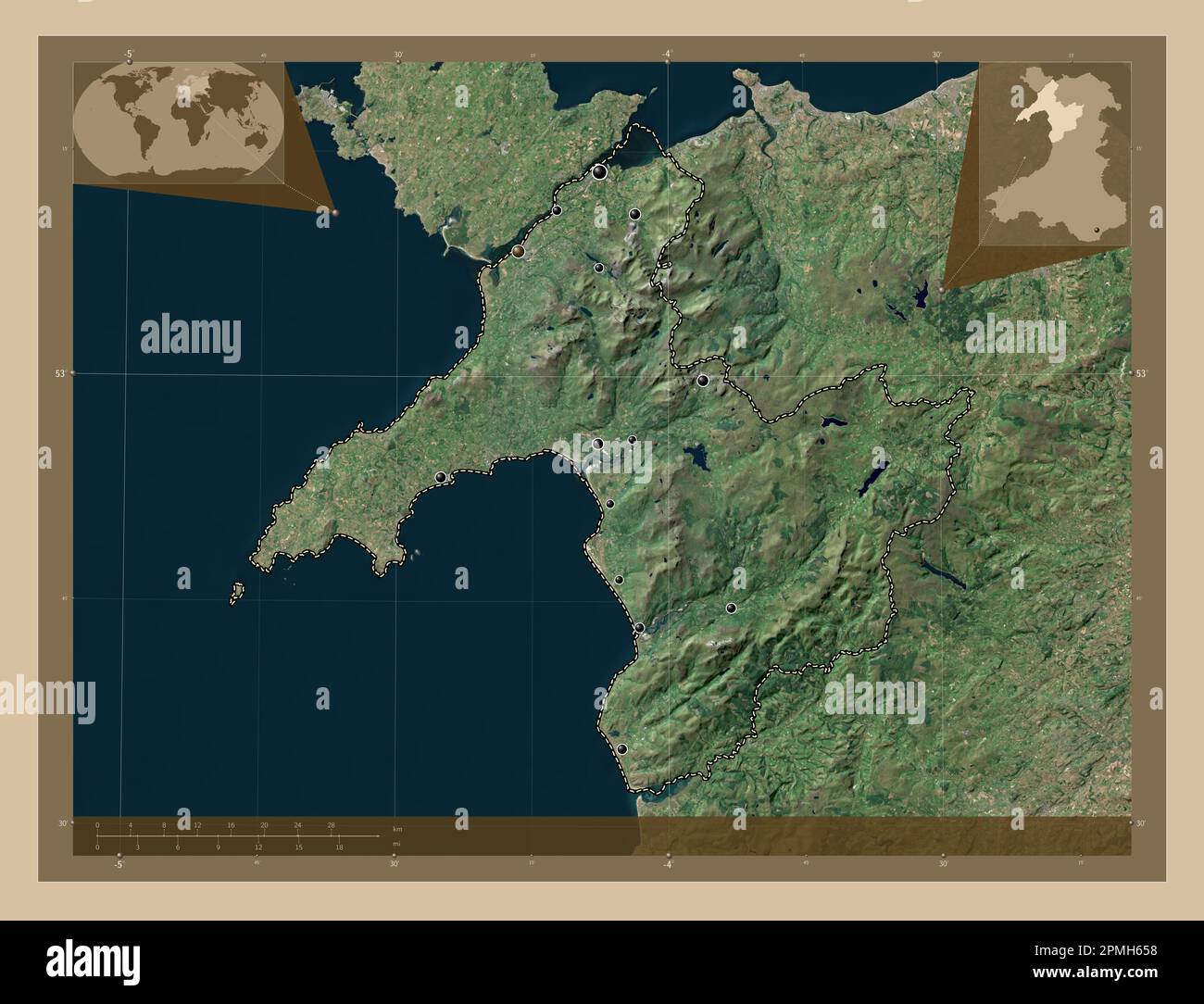 Gwynedd, region of Wales - Great Britain. Low resolution satellite map ...