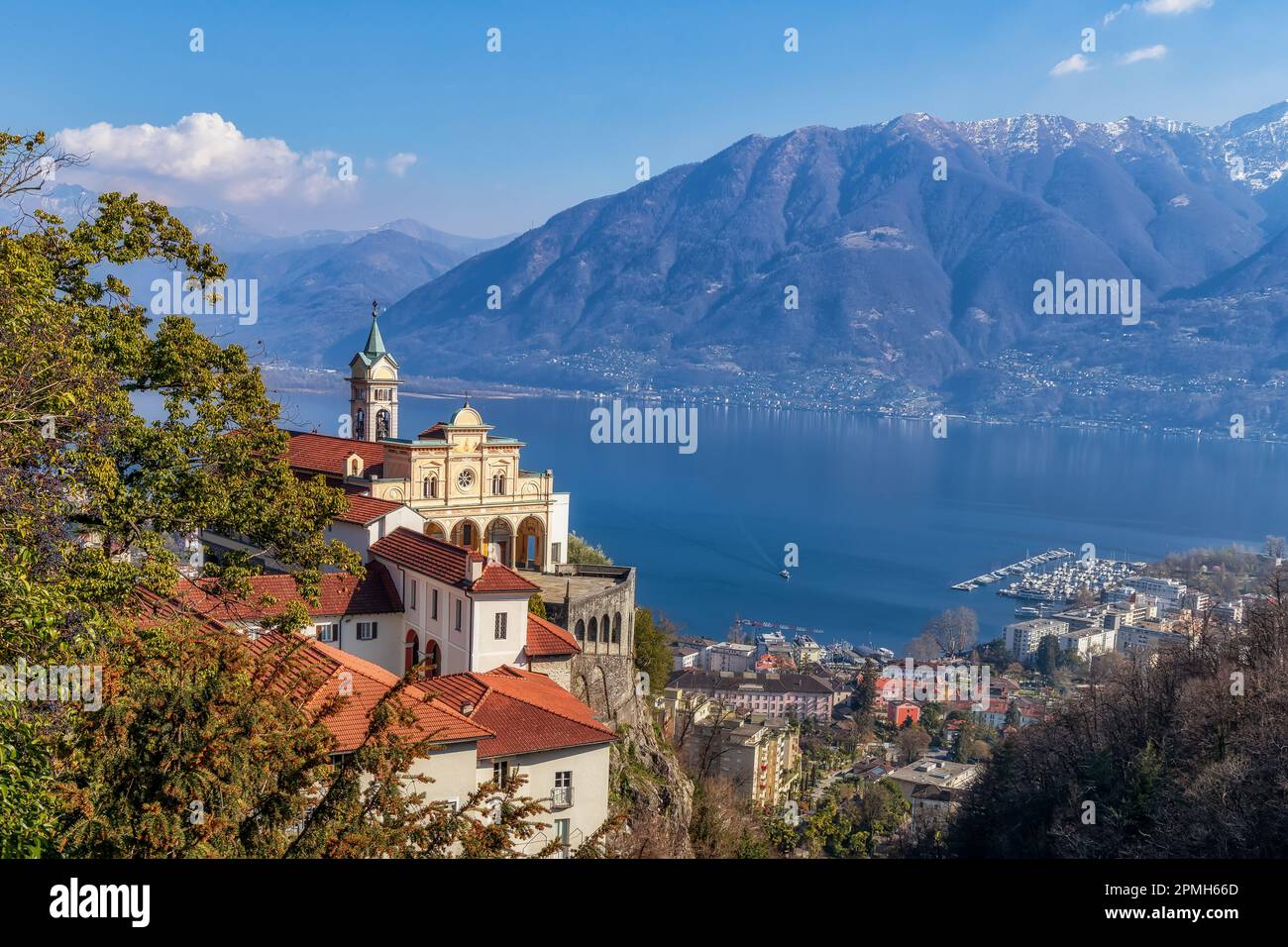 Early spring in Locarno, Ticino, Switzerland. View to Madonna del Sasso ...