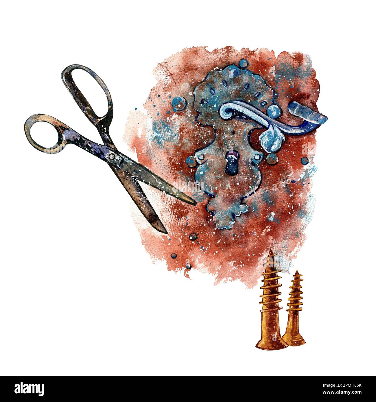 Rusty iron scissors, door knob, screw isolated on white background ...