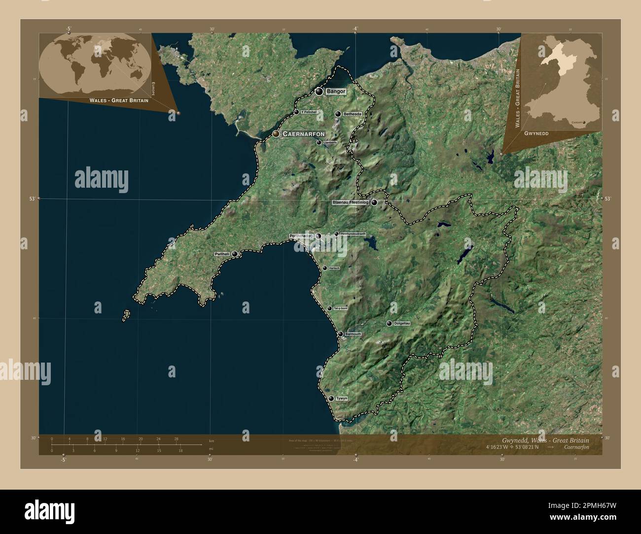 Gwynedd, region of Wales - Great Britain. Low resolution satellite map ...