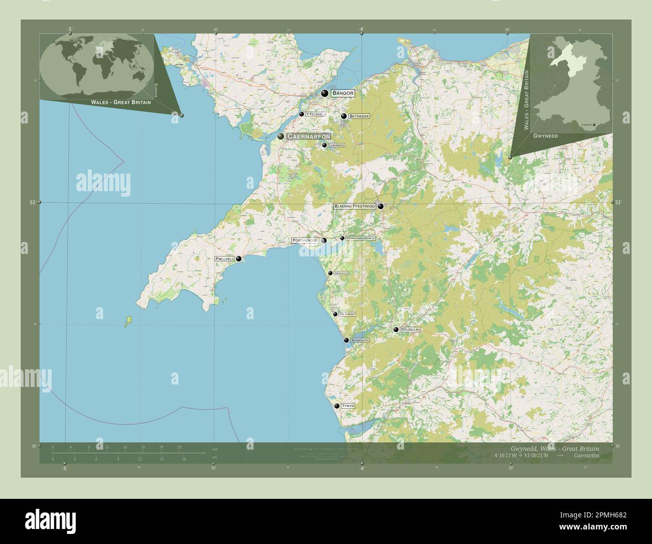 Gwynedd, region of Wales - Great Britain. Open Street Map. Locations ...