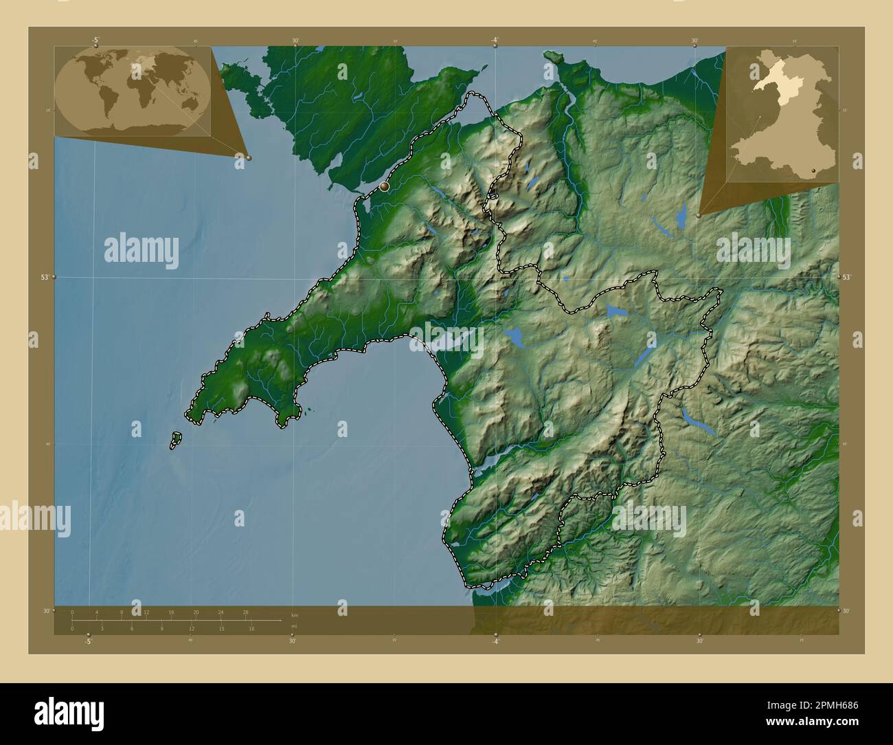 Gwynedd, region of Wales - Great Britain. Colored elevation map with ...