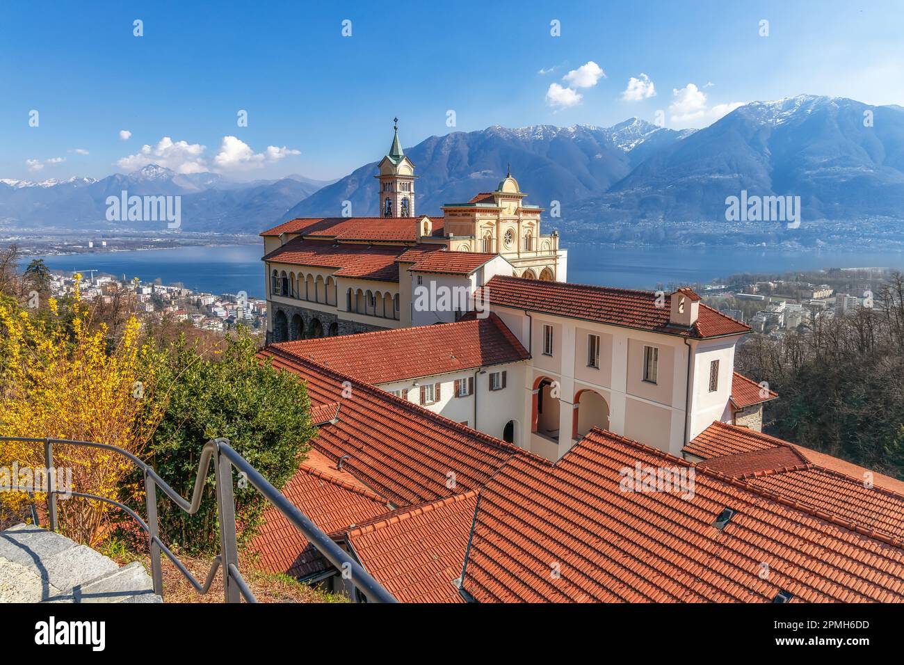 Early spring in Locarno, Ticino, Switzerland. View to Madonna del Sasso ...