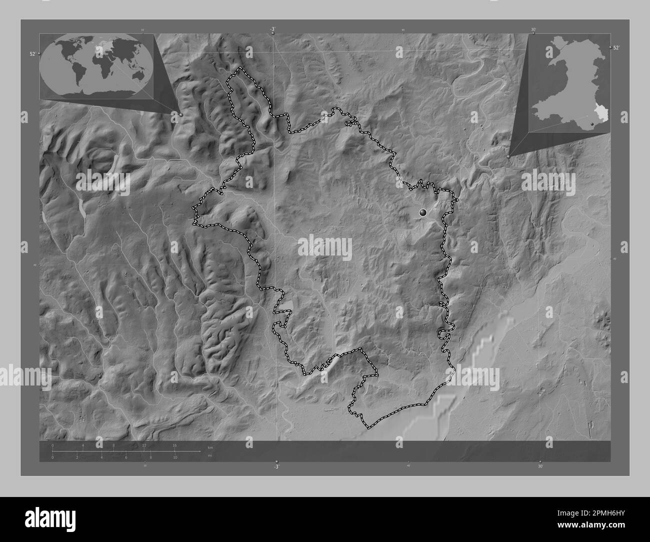 Monmouthshire, region of Wales - Great Britain. Grayscale elevation map ...