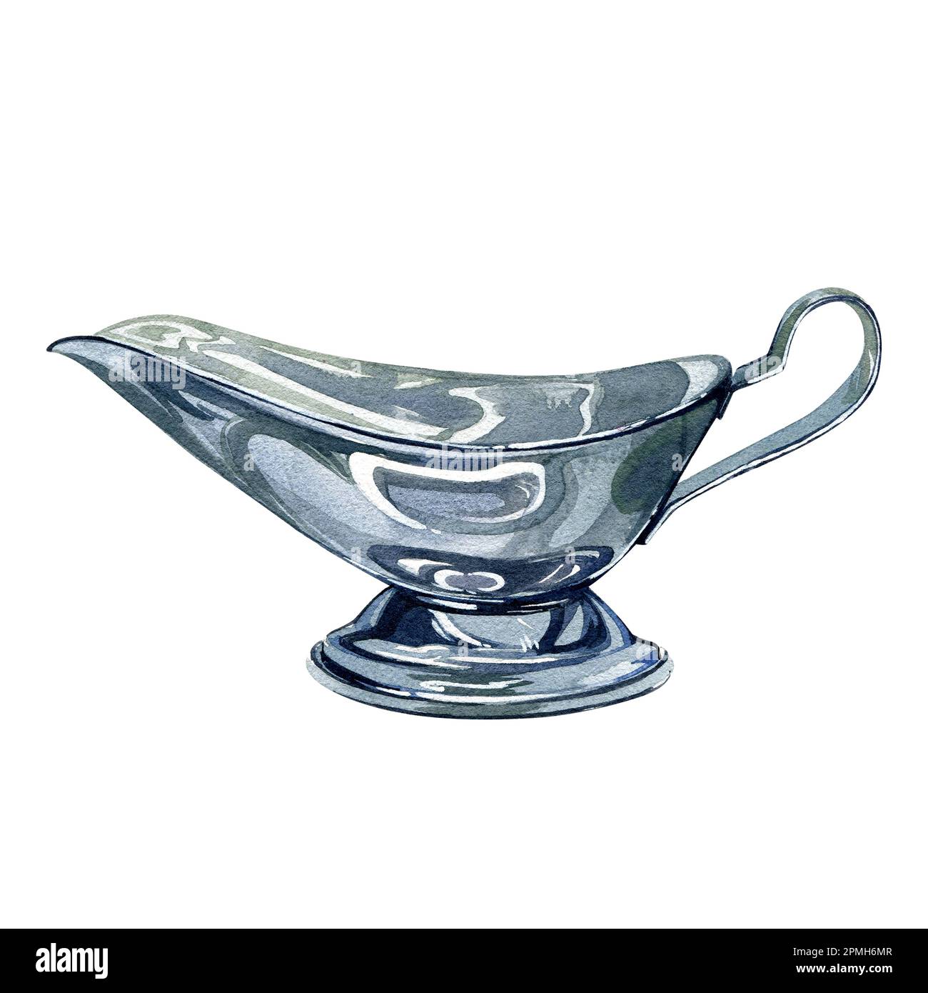 Metal silver gravy boat isolated on white background. Watercolor hand ...