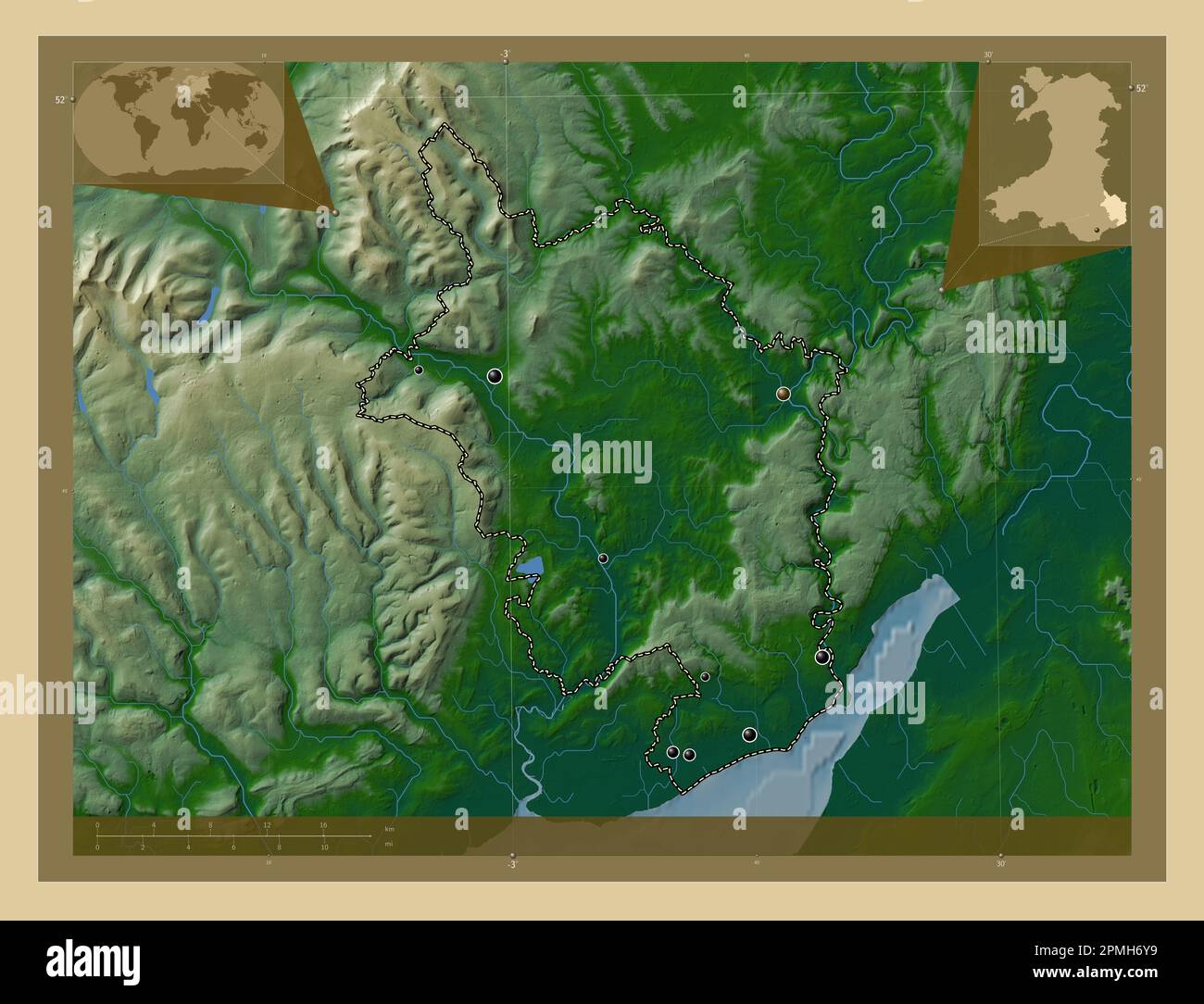 Monmouthshire, region of Wales - Great Britain. Colored elevation map ...