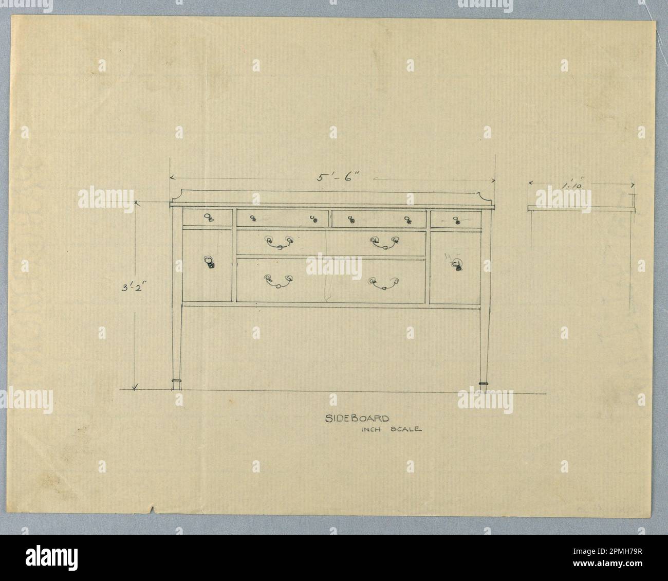 Drawing, Design for Sideboard with Six Drawers in Plan and Elevation ...