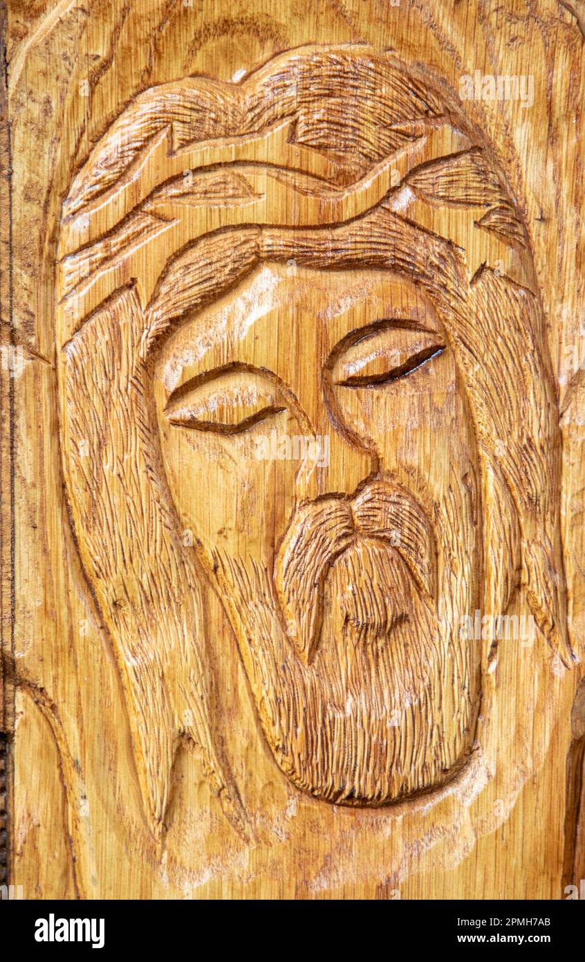 A wood engraving representing the face of Jesus Christ at the Dumbrava ...