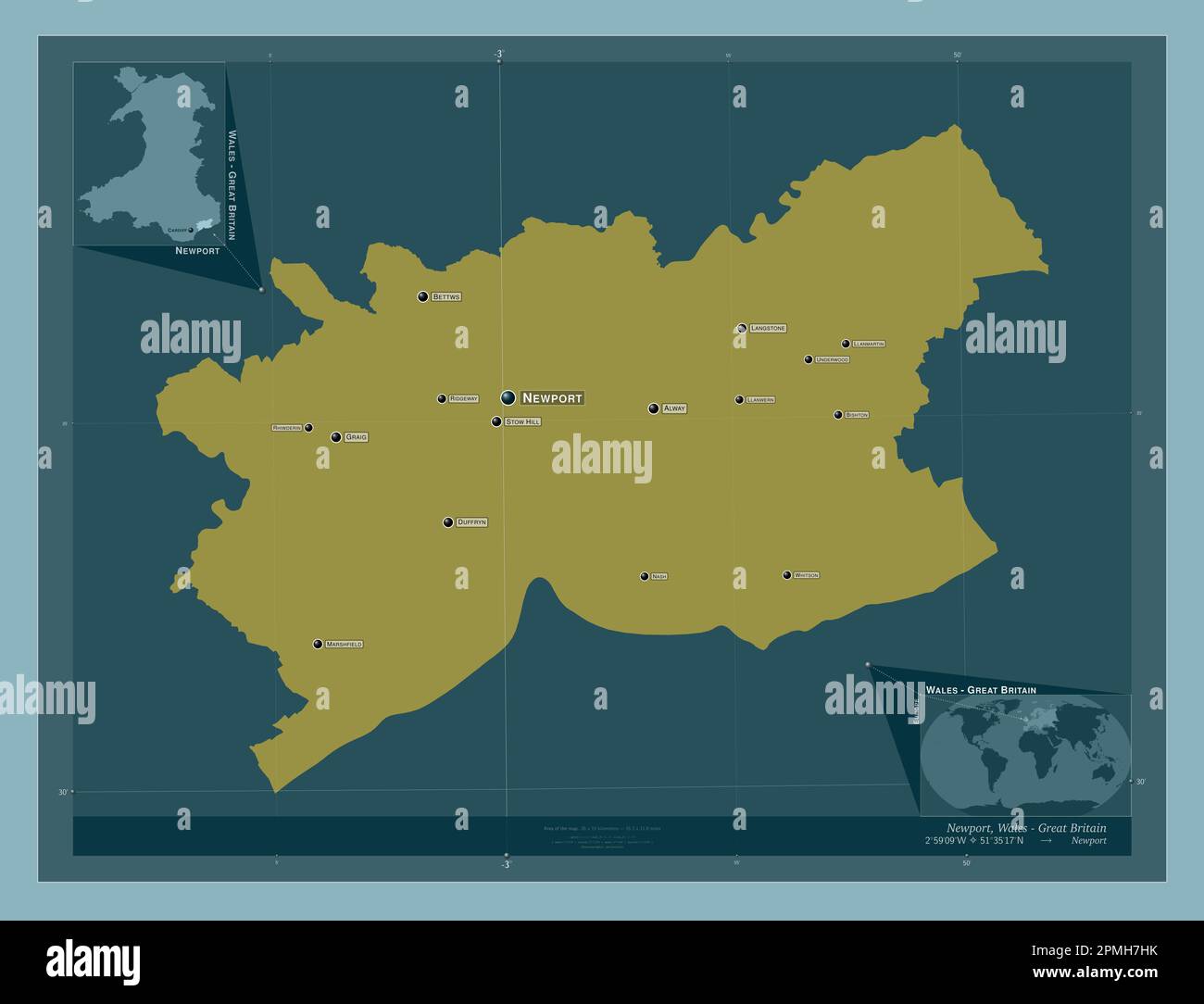 Newport, region of Wales - Great Britain. Solid color shape. Locations ...