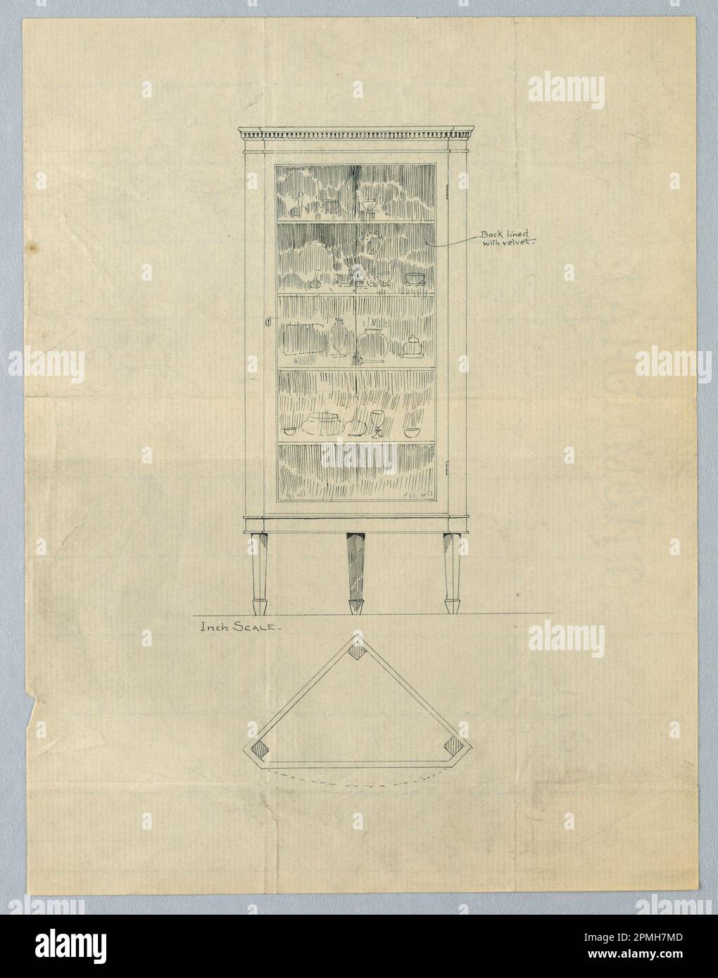 Drawing, Plan and Elevation for Triangular Corner Cabinet; Designed by ...