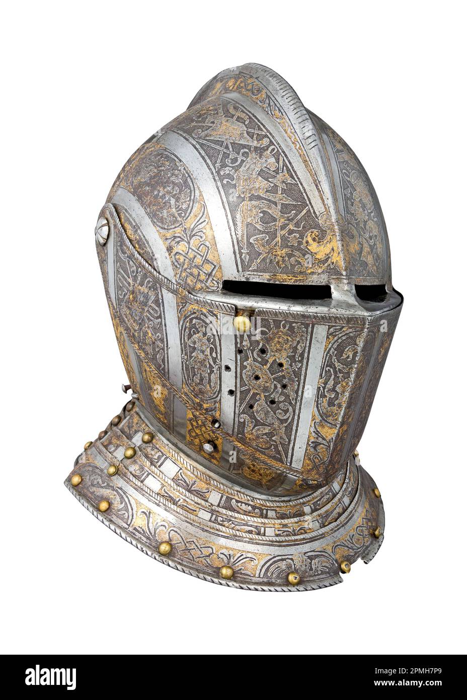 Ancient 16th century close helmet made of steel isolated on white ...