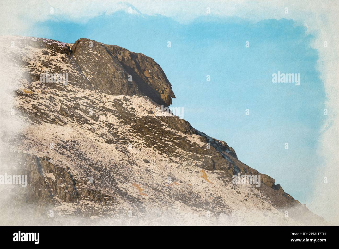 Digital watercolour painting of the Moelwyn Bach cliff face and the Moelwyn mountains near ...