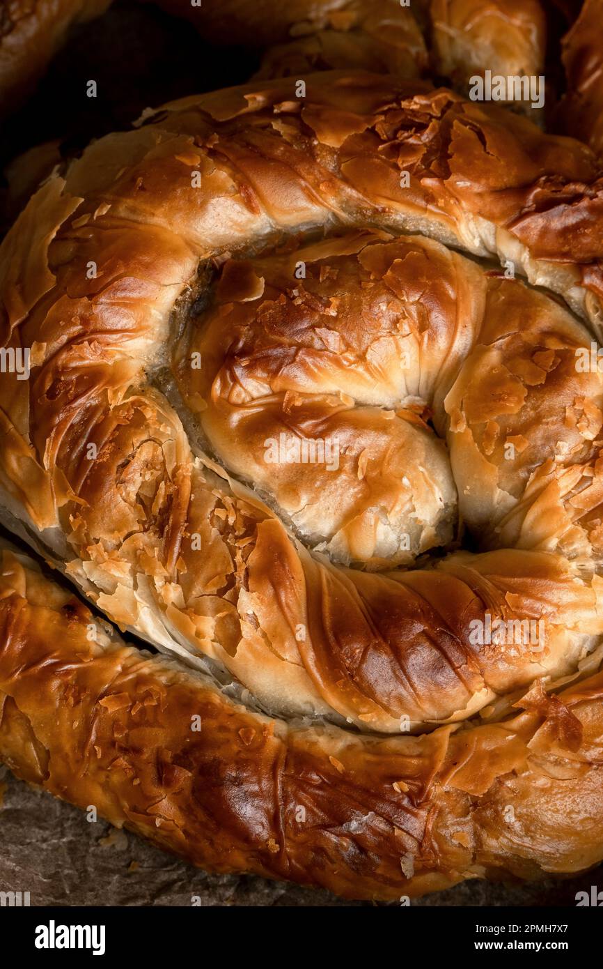 Salt pie in a pan, traditional baked food, rustic viewb Stock Photo - Alamy