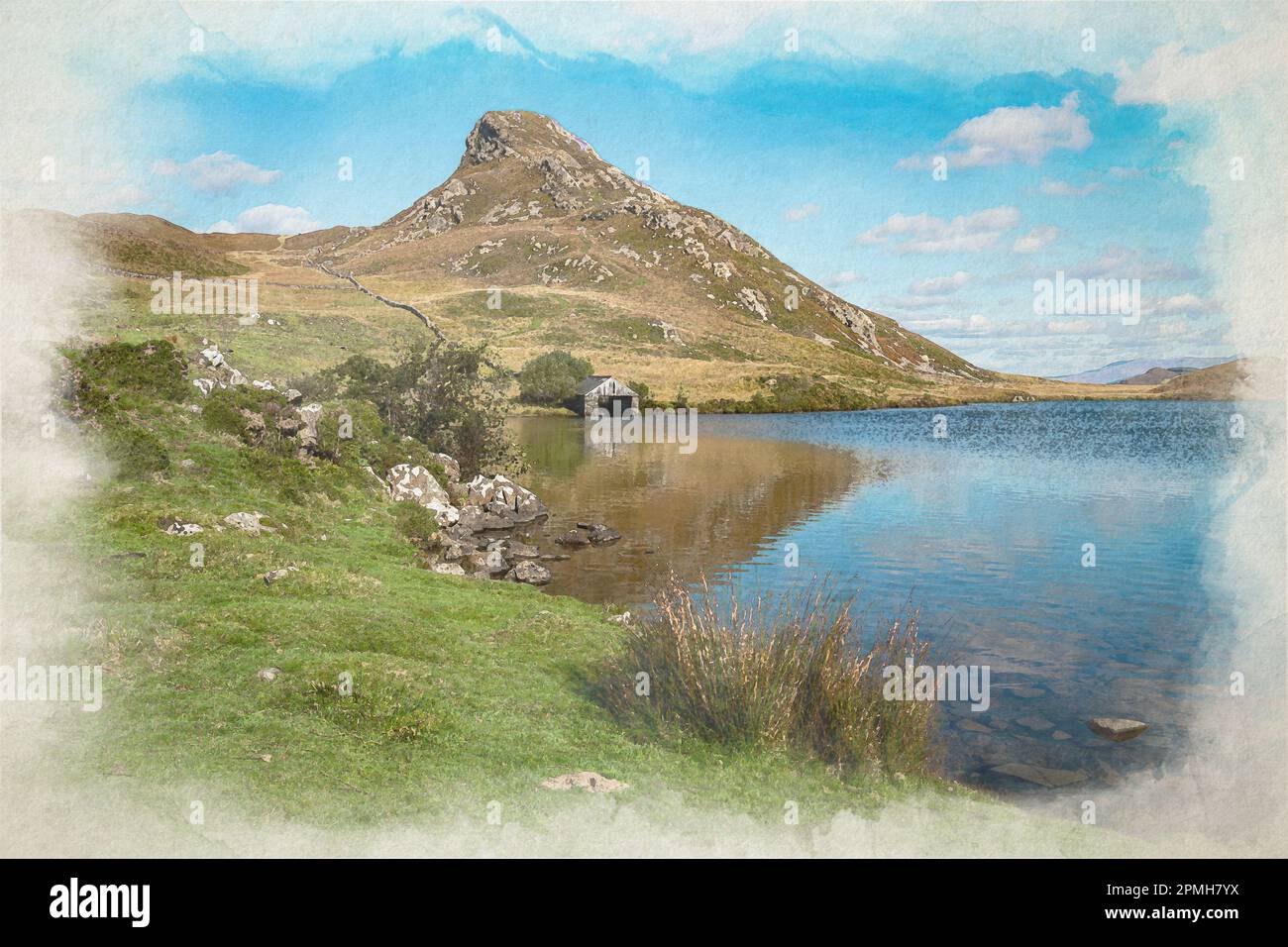 Pared y Cefn-hir mountain, and Cregennan lakes digital watercolour ...