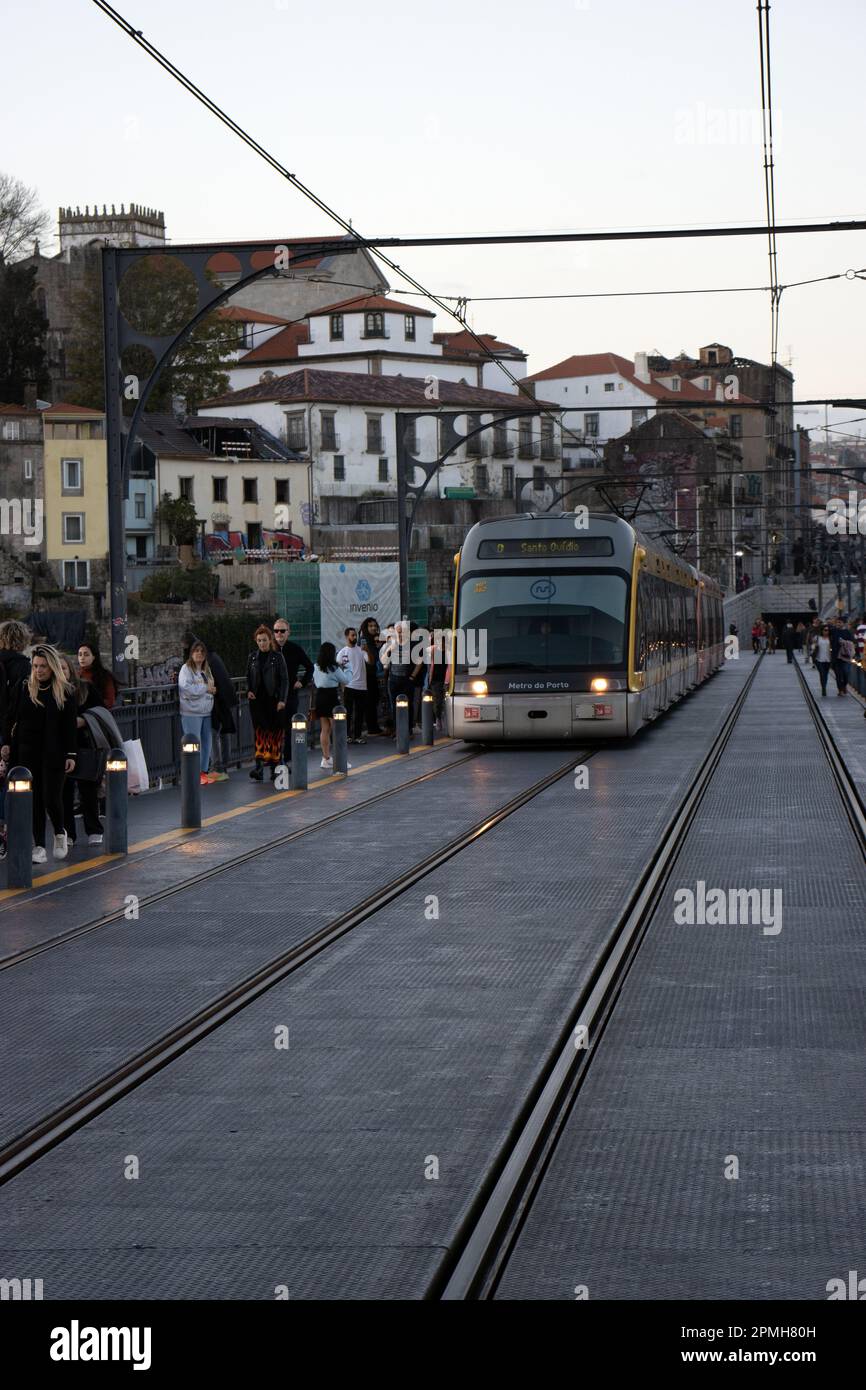 PORTO, PORTUGAL - OCTOBER 31, 2022 Porto Metro tram lines on the Luís I ...