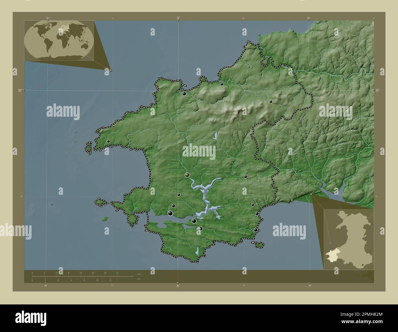 Pembrokeshire, region of Wales - Great Britain. Elevation map colored ...