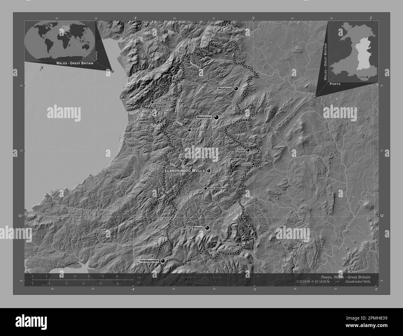 Powys, region of Wales - Great Britain. Bilevel elevation map with ...