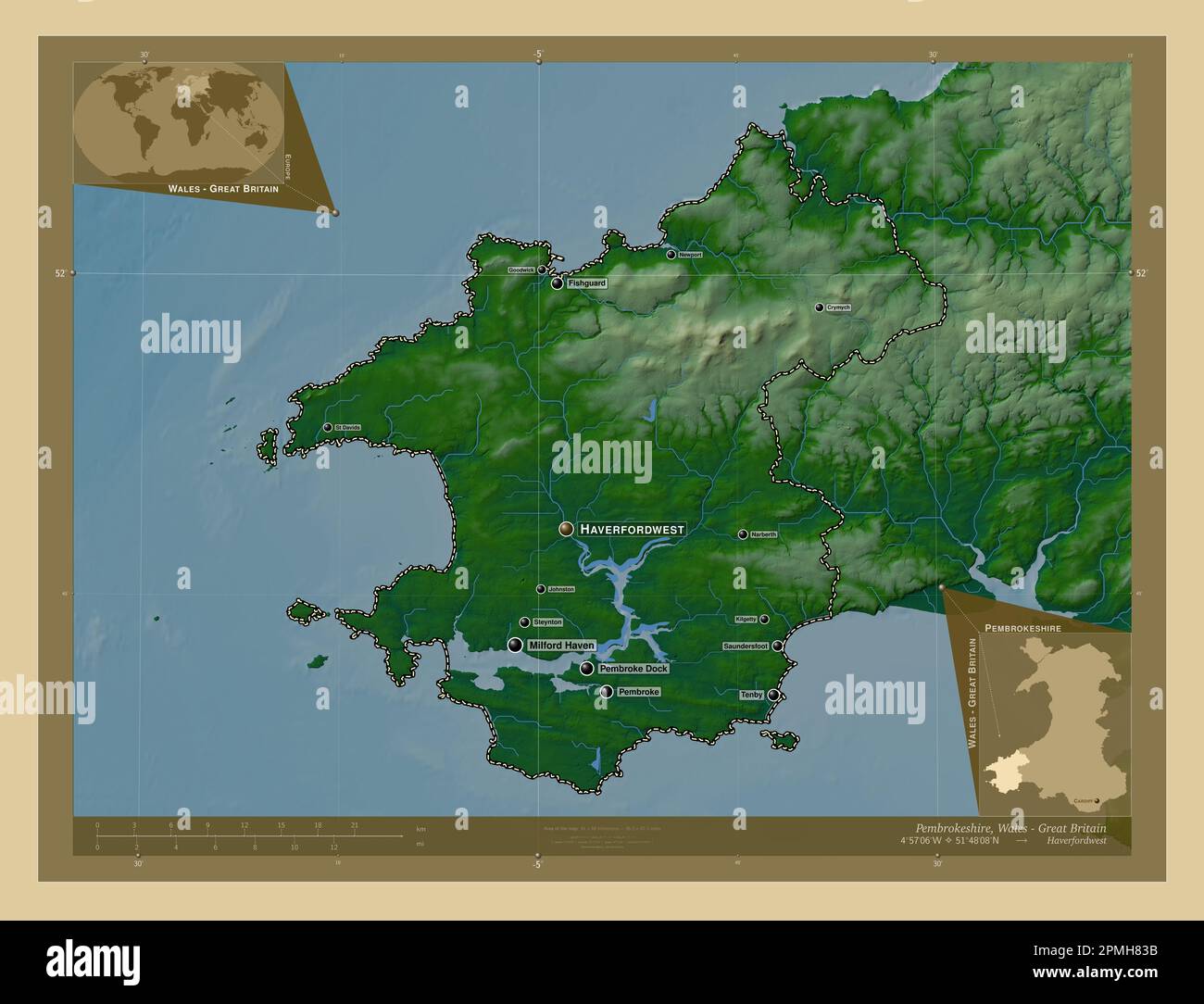Pembrokeshire, region of Wales - Great Britain. Colored elevation map ...