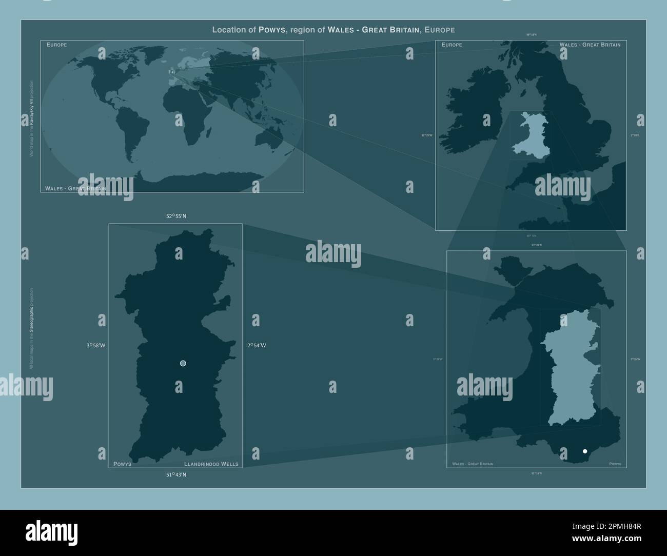 Powys, region of Wales - Great Britain. Diagram showing the location of ...