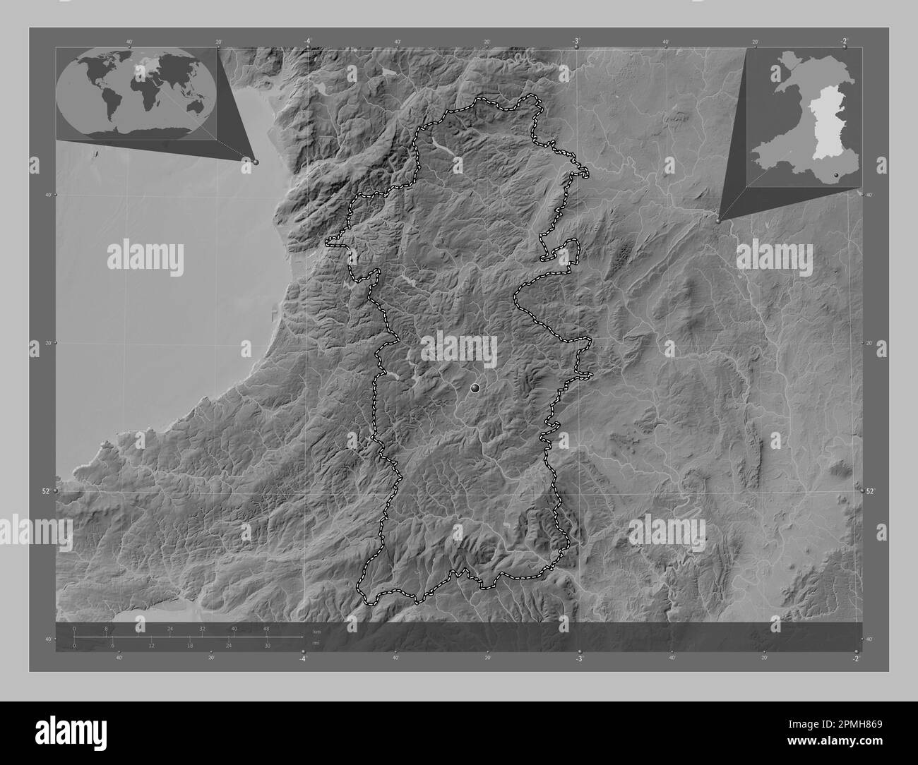 Powys, region of Wales - Great Britain. Grayscale elevation map with ...