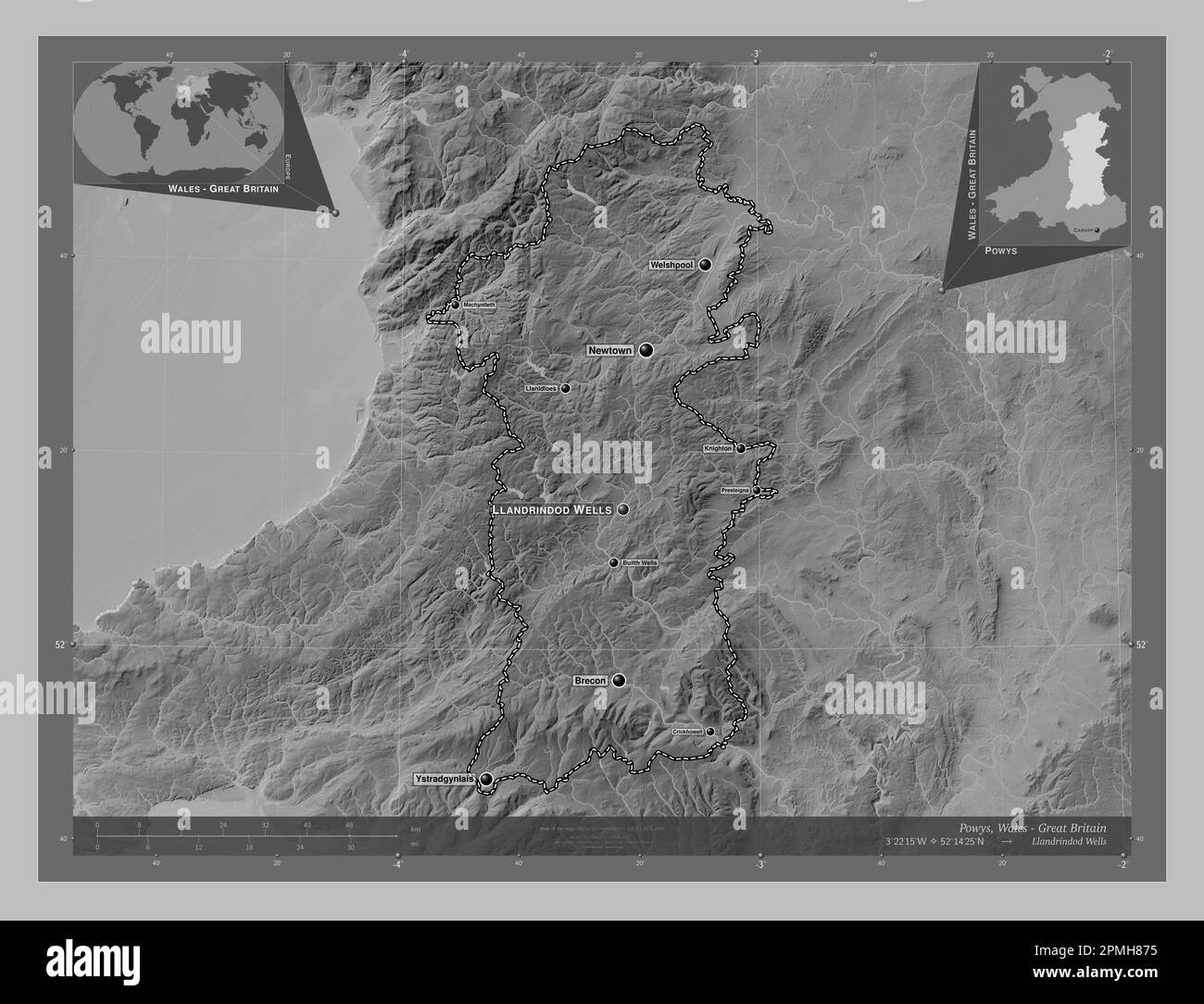 Powys, region of Wales - Great Britain. Grayscale elevation map with ...