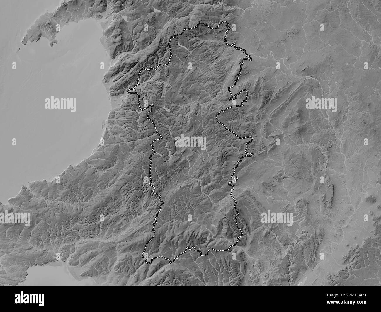 Powys, region of Wales - Great Britain. Grayscale elevation map with ...