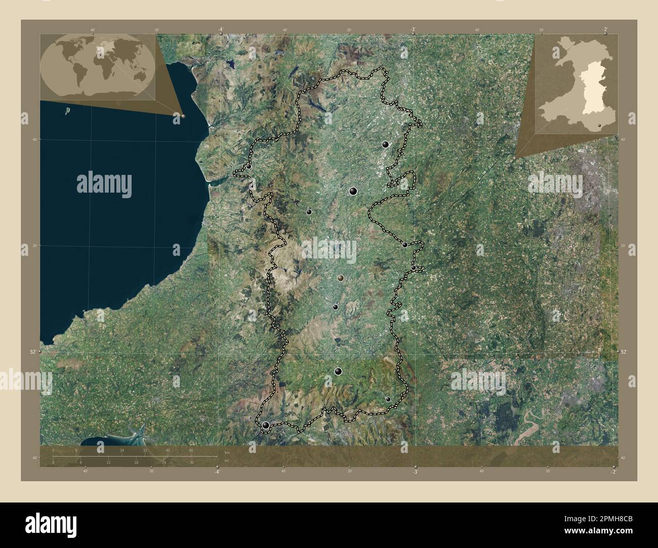 Powys, region of Wales - Great Britain. High resolution satellite map ...