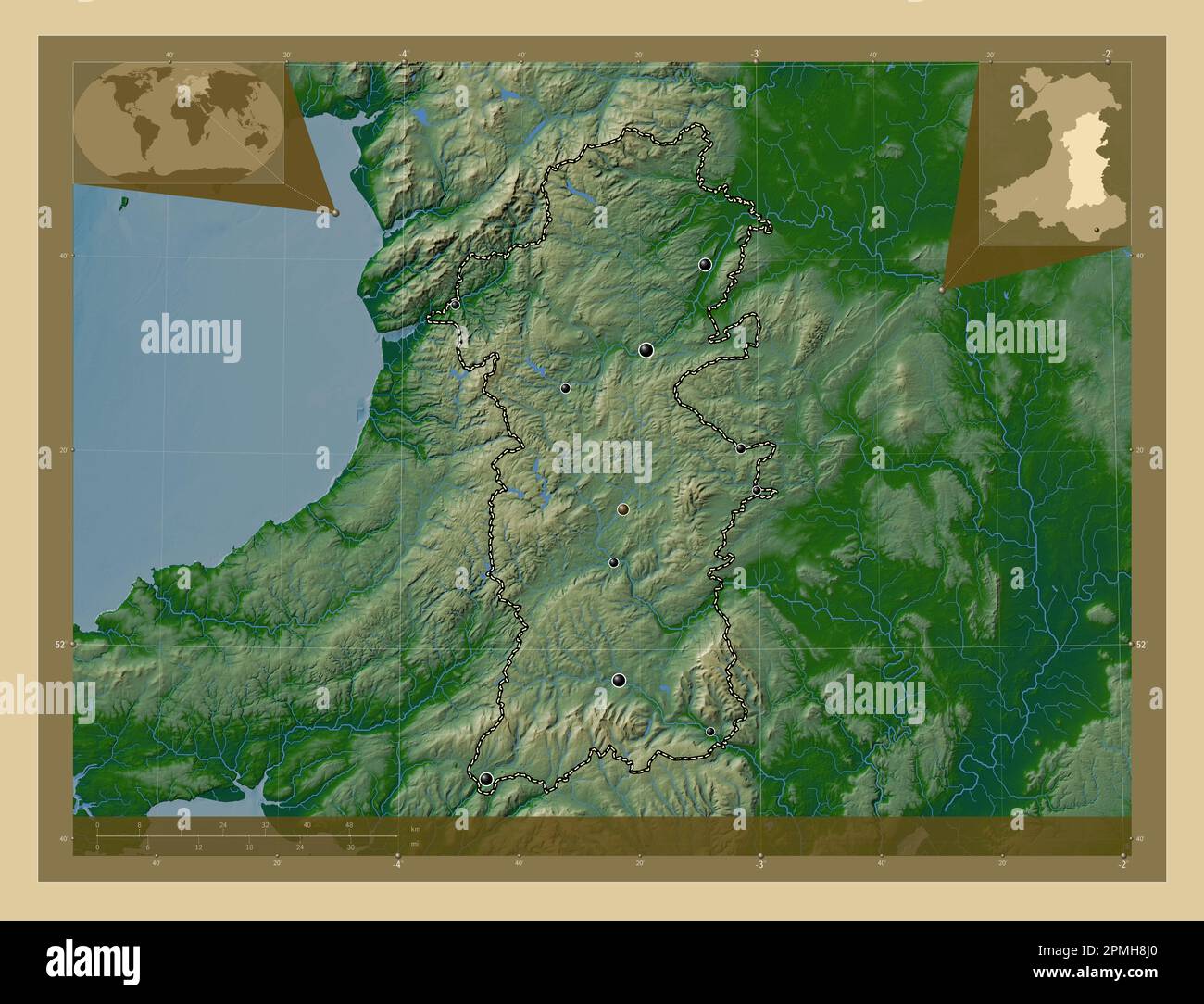 Powys, region of Wales - Great Britain. Colored elevation map with ...