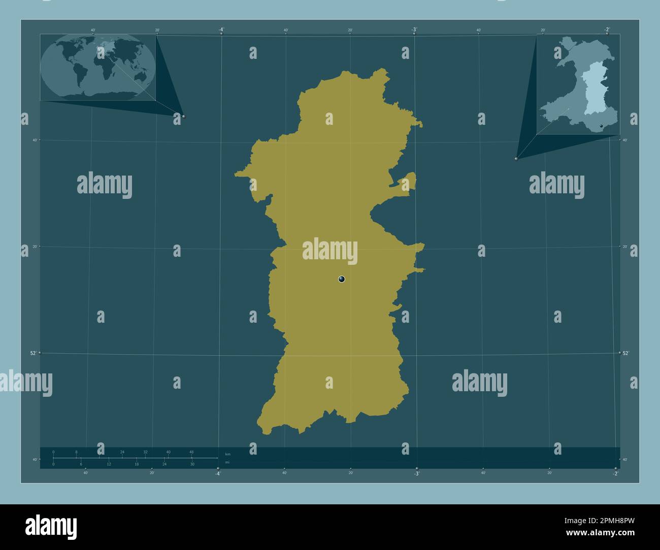 Powys, region of Wales - Great Britain. Solid color shape. Corner ...