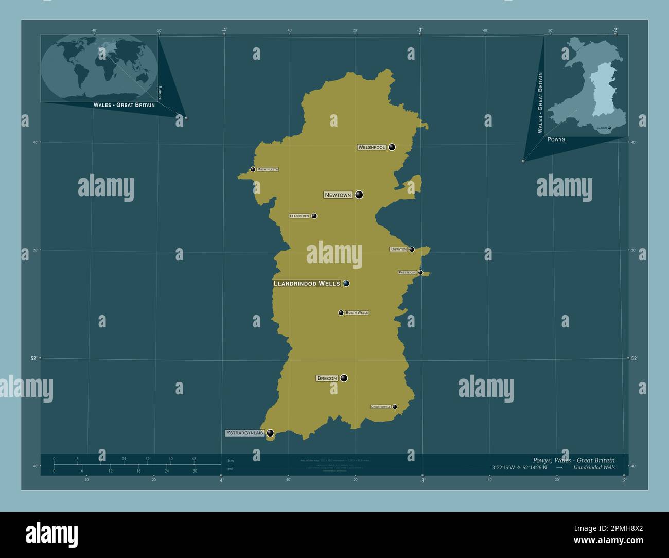 Powys, region of Wales - Great Britain. Solid color shape. Locations ...