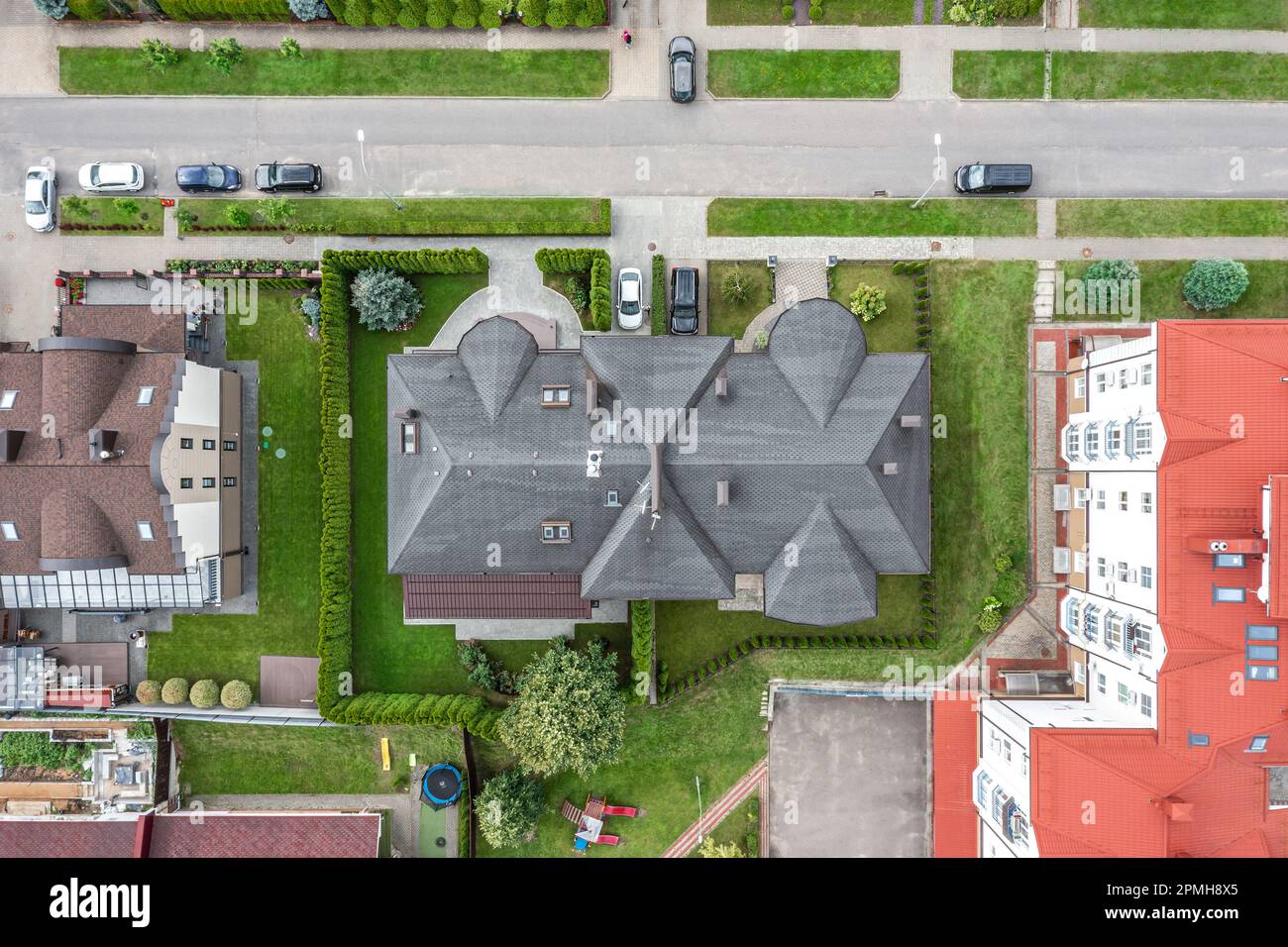 aerial view from above of middle class suburb neighborhood houses ...