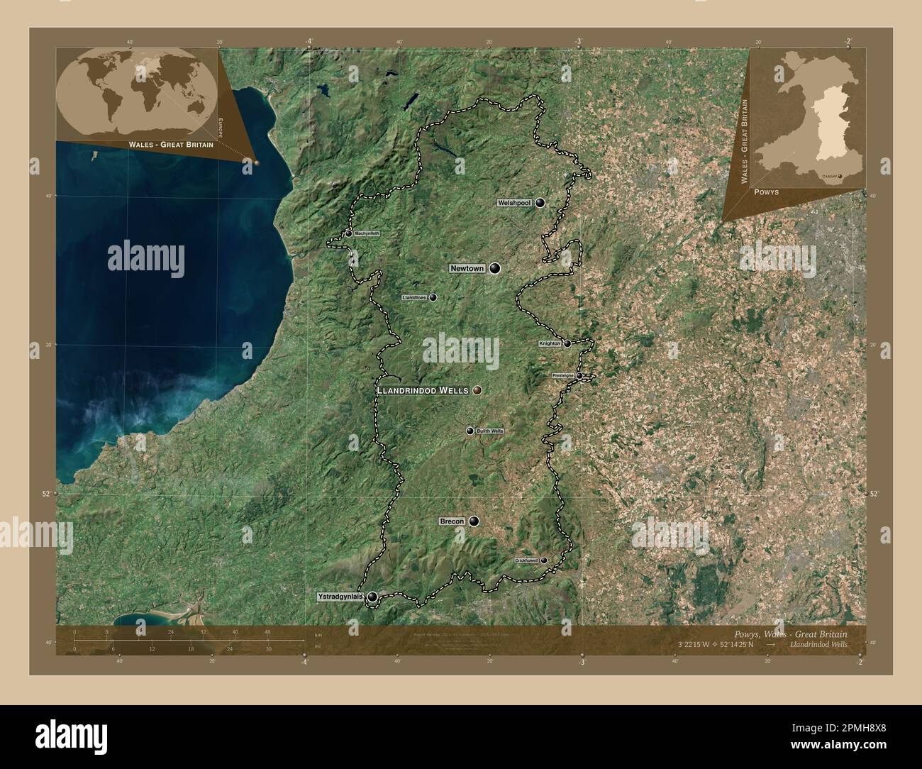 Powys, region of Wales - Great Britain. Low resolution satellite map ...