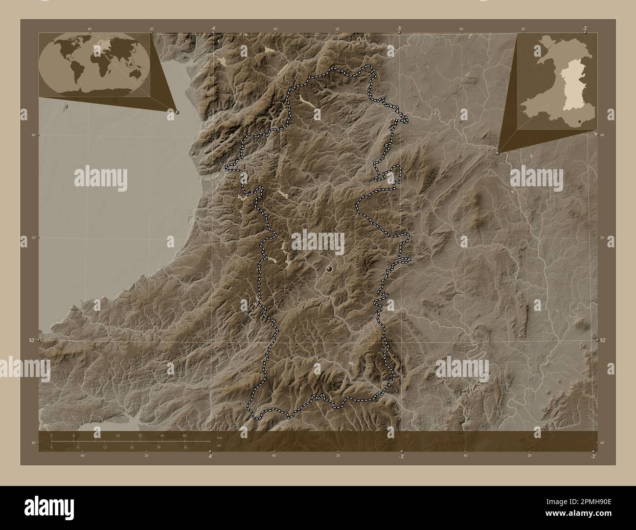 Powys, region of Wales - Great Britain. Elevation map colored in sepia ...