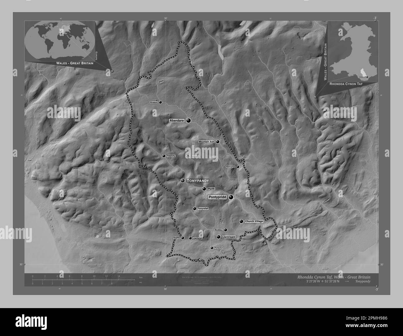 Rhondda Cynon Taf, region of Wales - Great Britain. Grayscale elevation ...
