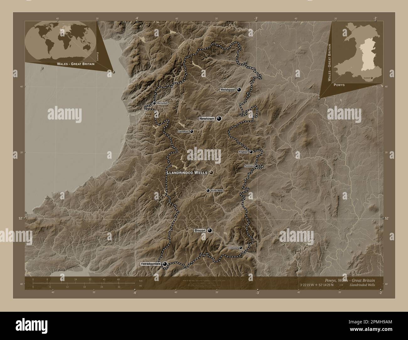 Powys, region of Wales - Great Britain. Elevation map colored in sepia ...